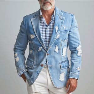 Giovanco | Suits & Blazers | Mens Notched Lapel 2 Button Ripped Denim ...